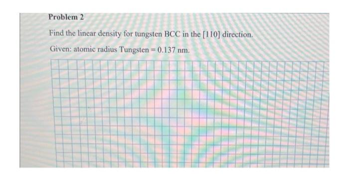 Solved Find the linear density for tungsten BCC in the [110] | Chegg.com