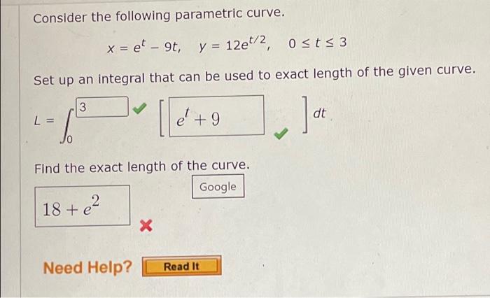 Solved Consider the following parametric curve. x = e* - 95, | Chegg.com