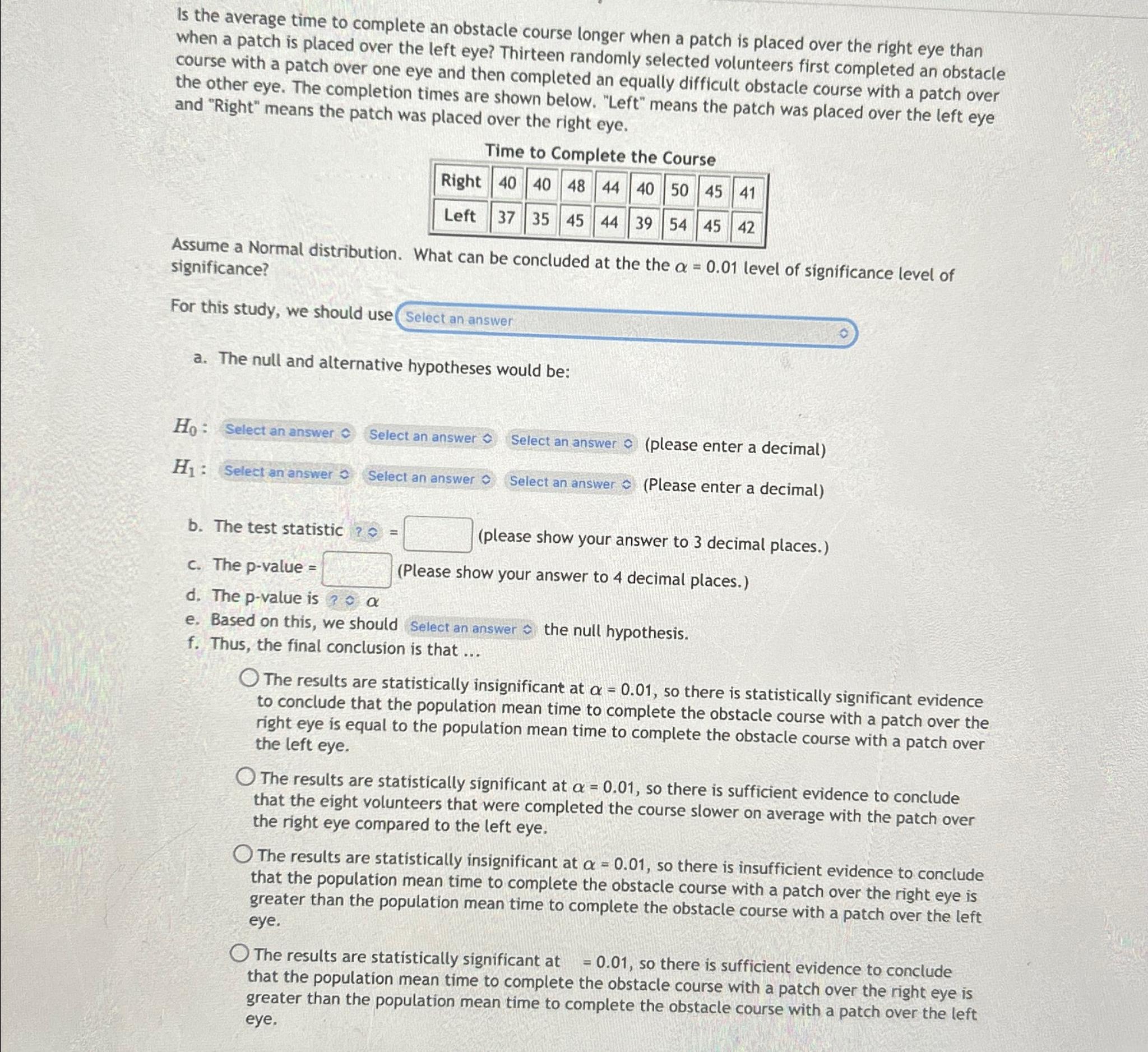 Solved Is the average time to complete an obstacle course | Chegg.com