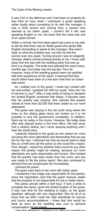 Solved The Case of the Missing Jewels It was 3:40 in the | Chegg.com