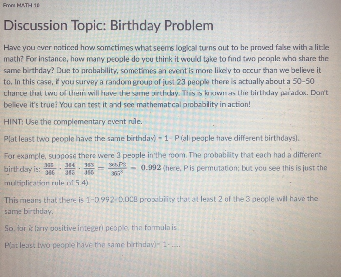 Solved From MATH 10 Discussion Topic: Birthday Problem Have | Chegg.com