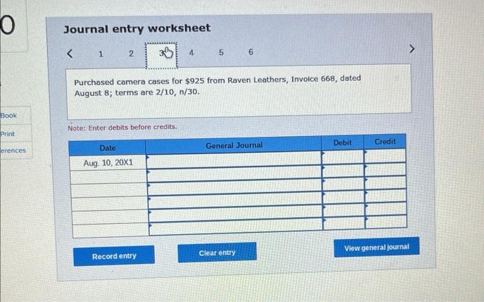Solved Journal entry worksheet Purchased cameras for $3,500 | Chegg.com