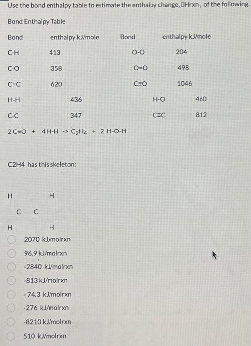 Solved Use the bond enthalpy table to estimate the enthalpy | Chegg.com