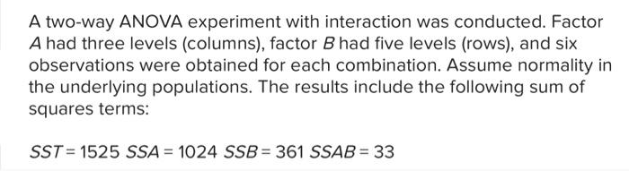 Solved A two-way ANOVA experiment with interaction was | Chegg.com