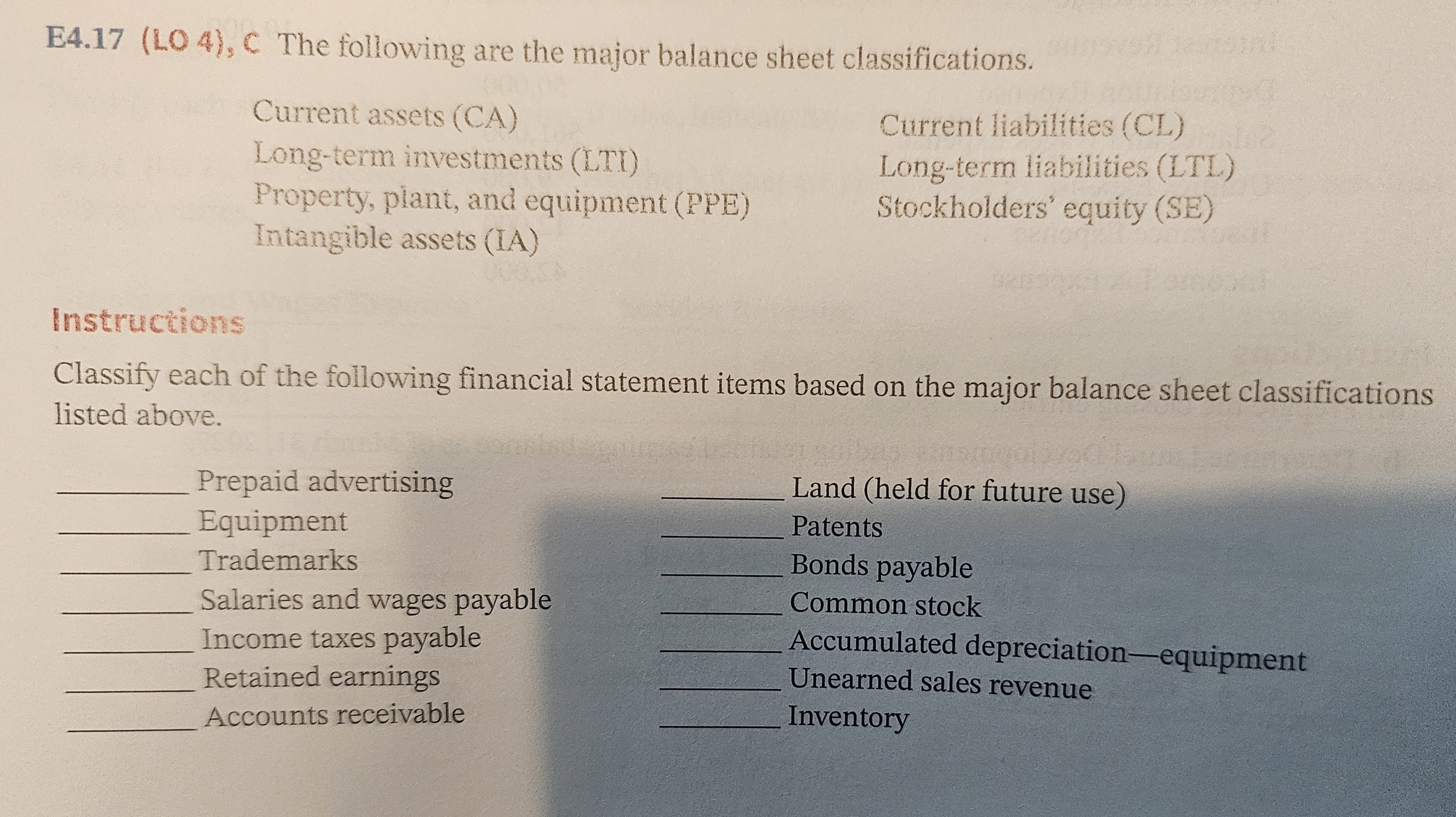 Solved E4.17 (LO 4), ﻿C The following are the major balance | Chegg.com
