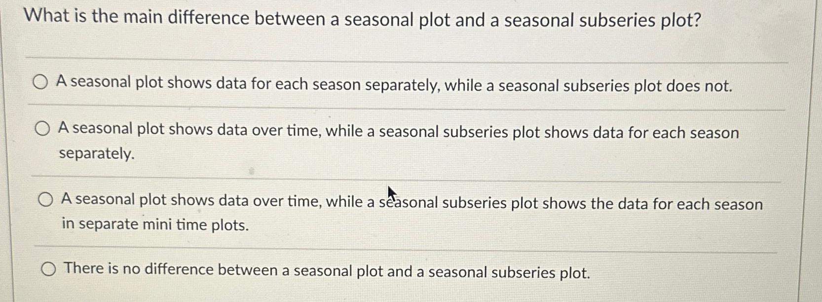 Solved What is the main difference between a seasonal plot | Chegg.com