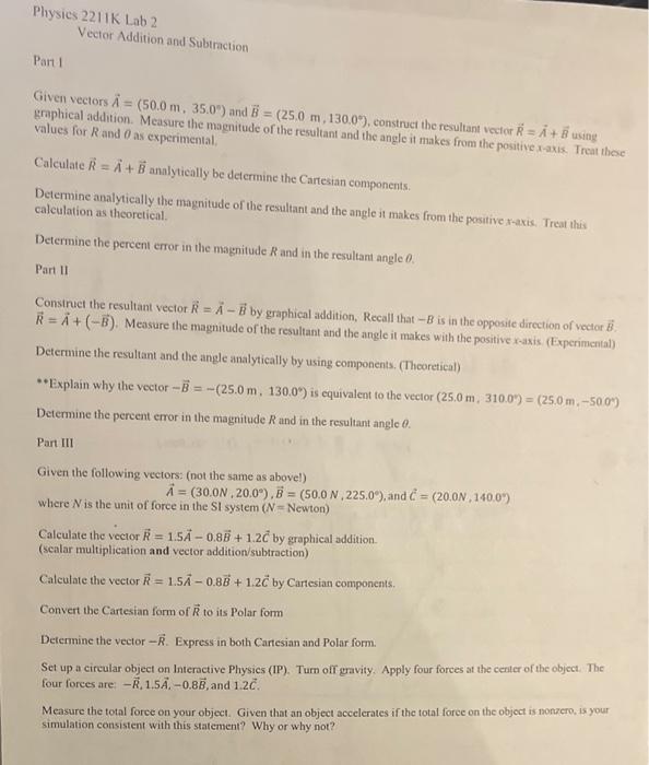 Solved Physics 2211K Lab 2 Vector Addition and Subtraction | Chegg.com