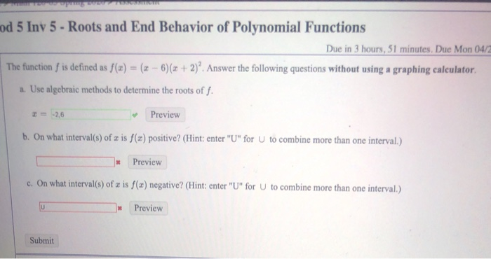 Solved od 5 Inv 5 - Roots and End Behavior of Polynomial | Chegg.com