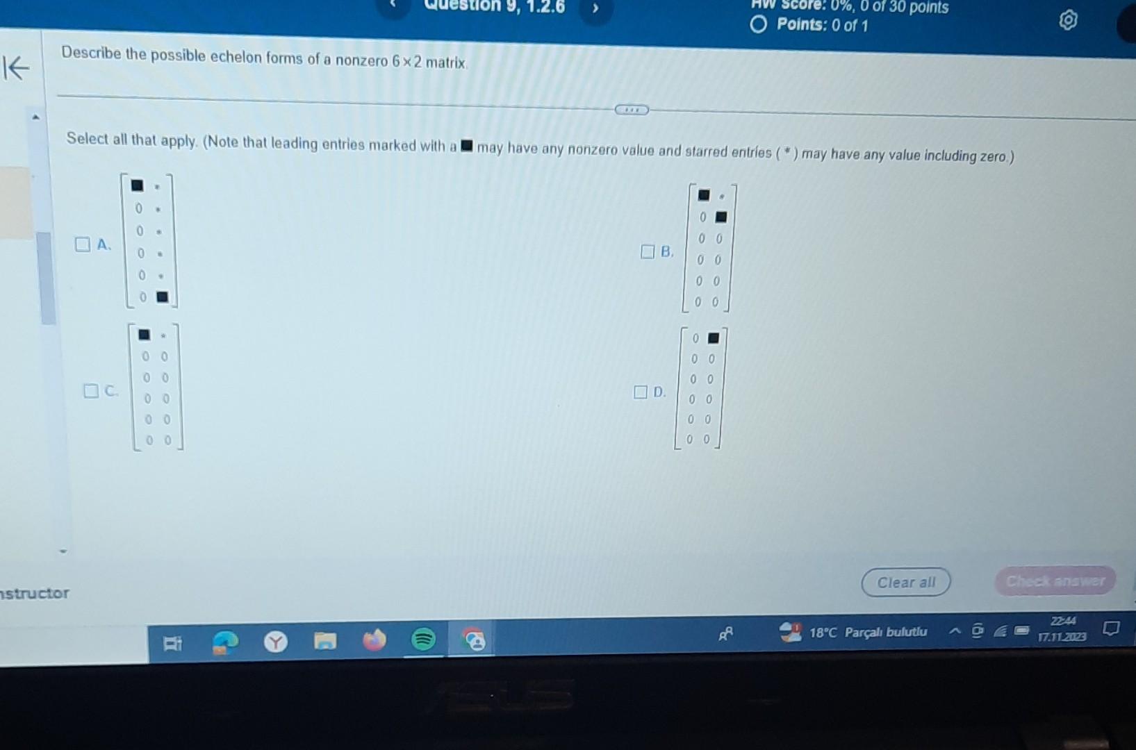 Solved Describe the possible echelon forms of a nonzero 6×2 | Chegg.com