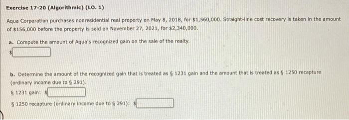 Solved Exercise 17-20 (Algorithmic) (LO. 1) Aqua Corporation | Chegg.com