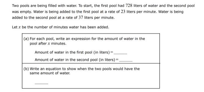 Solved Two pools are being filled with water. To start, the | Chegg.com