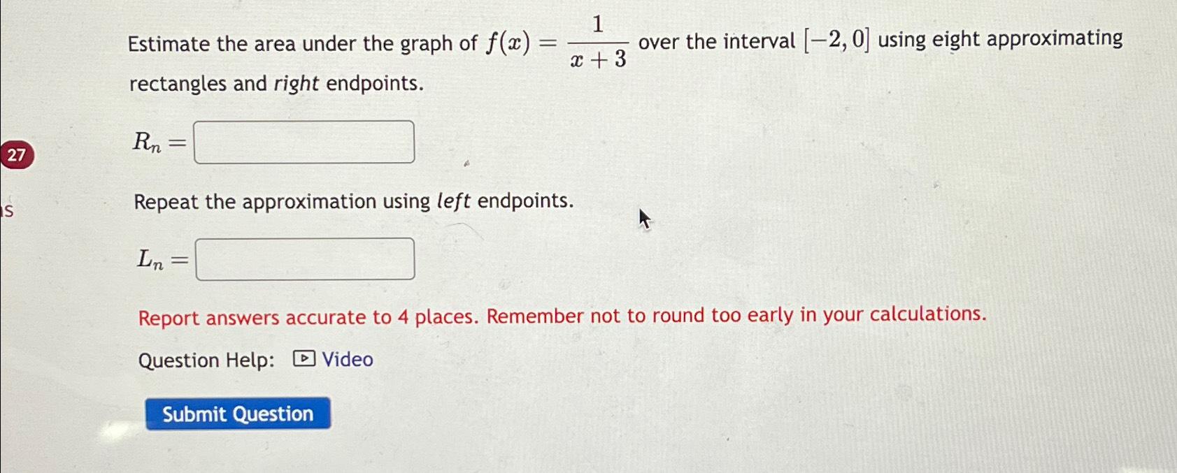 Solved Estimate the area under the graph of f(x)=1x+3 ﻿over | Chegg.com