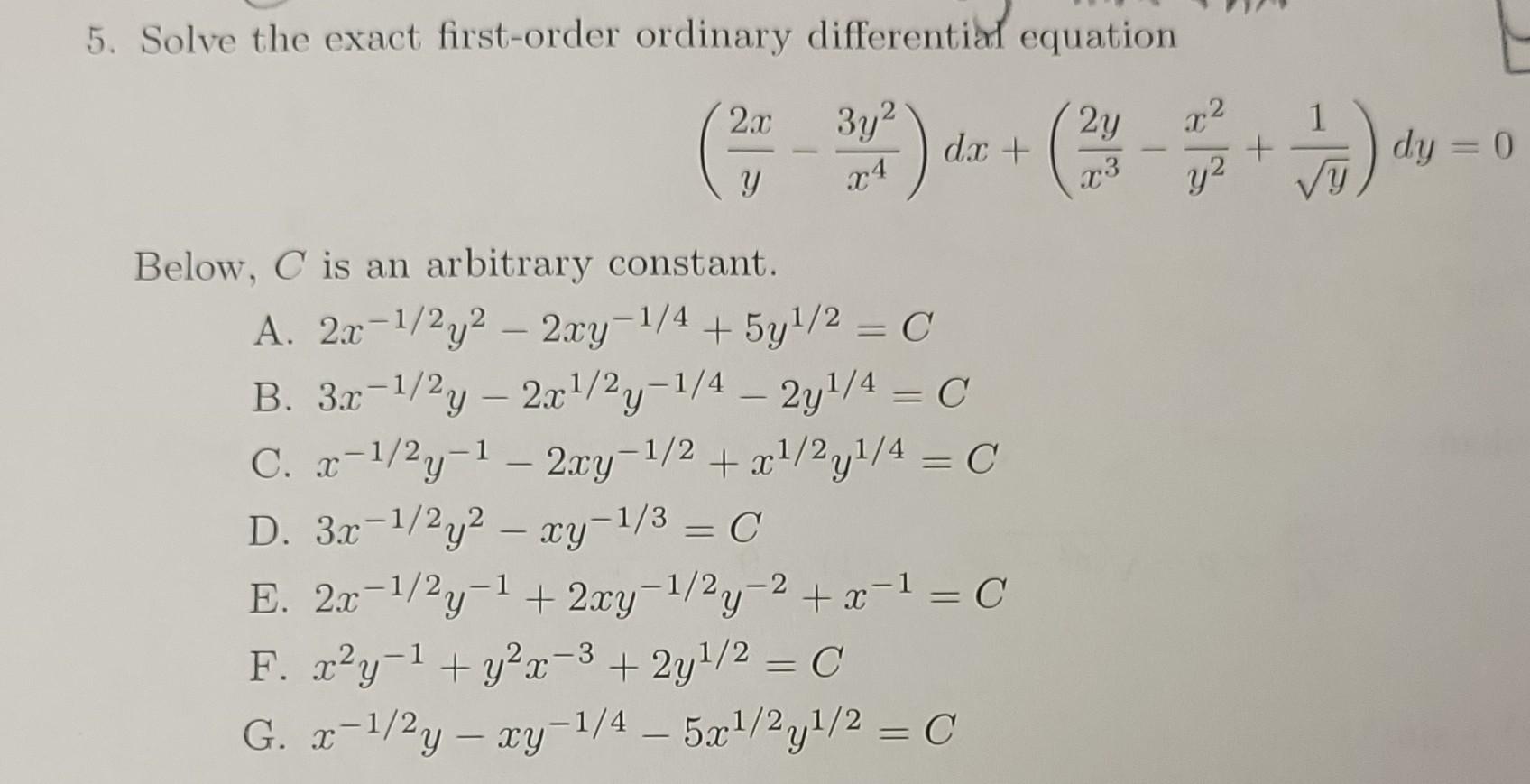 Solved 5. Solve the exact first-order ordinary differential | Chegg.com