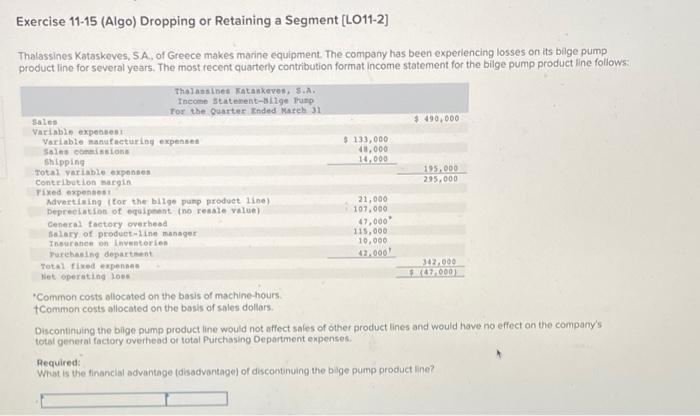 Solved Exercise 11-15 (Algo) Dropping or Retaining a Segment | Chegg.com