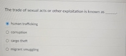 Solved The trade of sexual acts or other exploitation is | Chegg.com