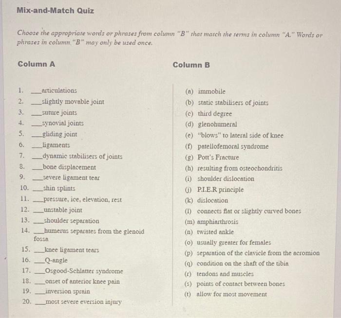 Solved Mix-and-Match Quiz Choose the appropriate words or | Chegg.com