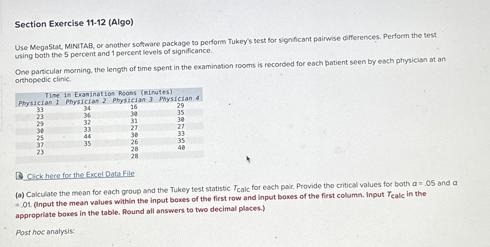 Solved Section Exercise 11-12 (Algo)Use MegaStat, MINITAB, | Chegg.com