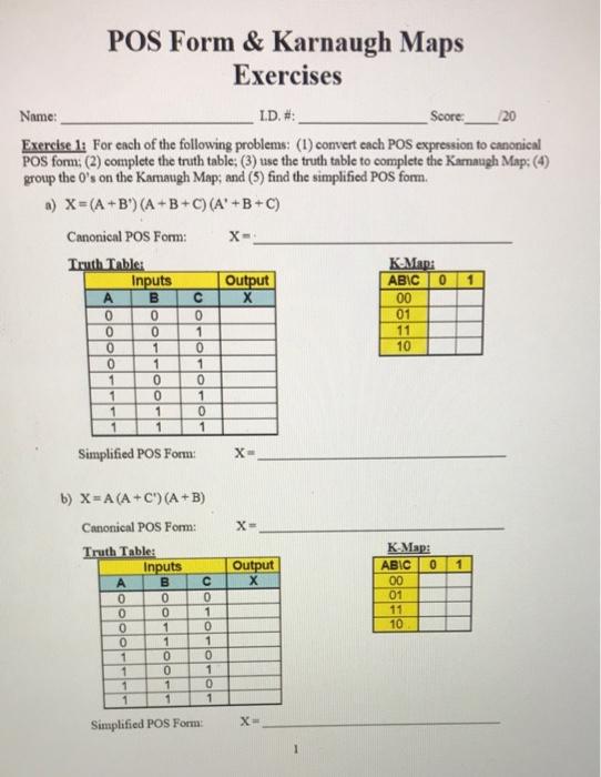 Solved POS Form & Karnaugh Maps Exercises Name: ID# Score: | Chegg.com