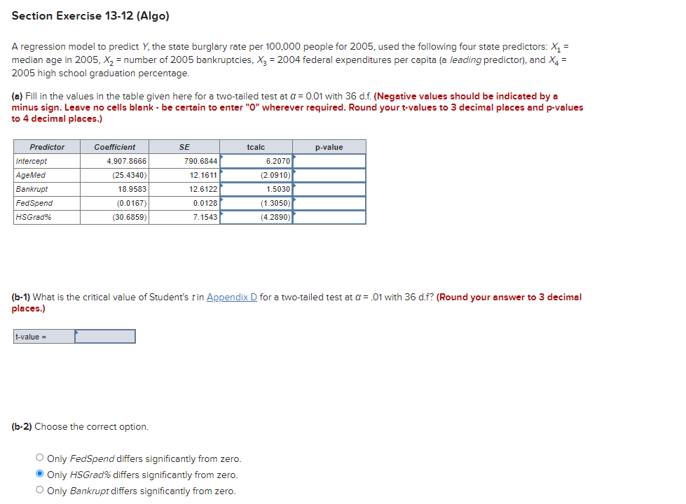 Solved Section Exercise 13-12 (Algo)A regression model to | Chegg.com