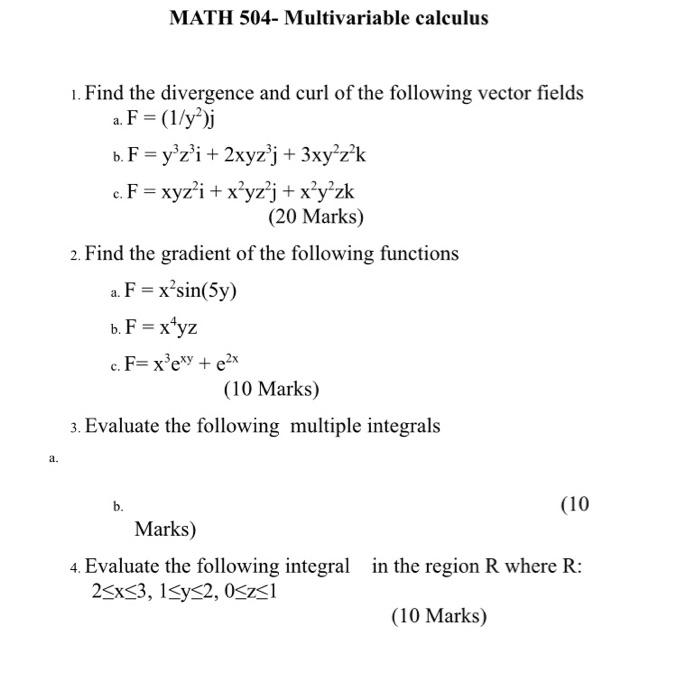 Solved MATH 504- Multivariable calculus 1. Find the | Chegg.com