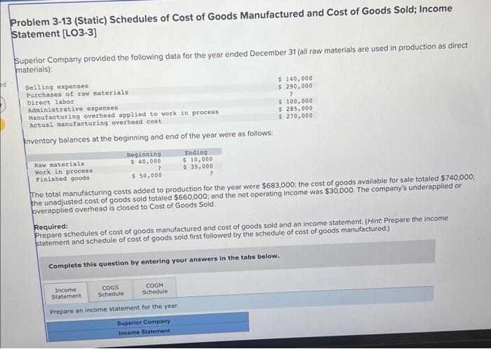 Solved Problem 3-13 (Static) Schedules of Cost of Goods | Chegg.com