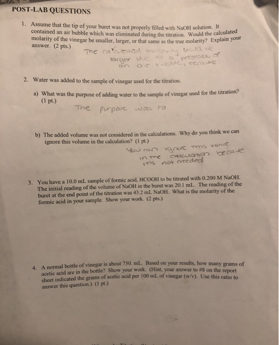Solved POST-LAB QUESTIONS Assume that the tip of your buret | Chegg.com