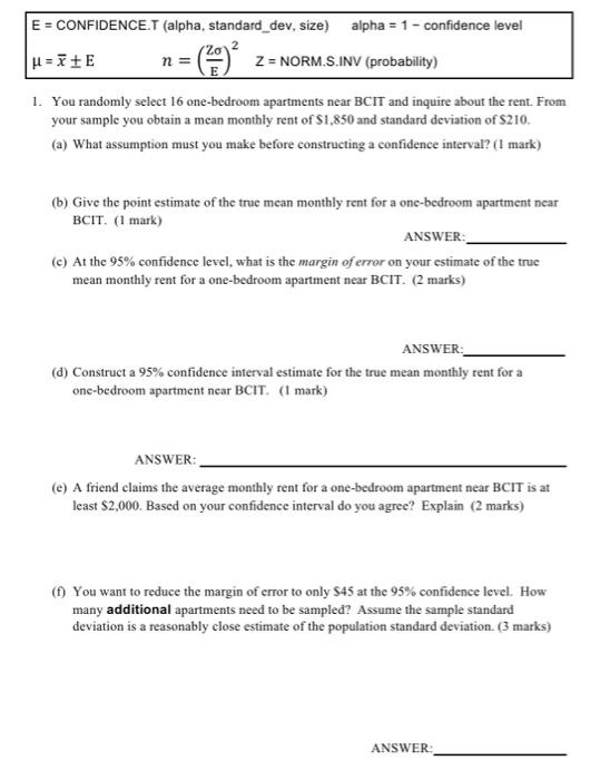 Solved μ=xˉ±En=(EZσ)2Z= NORM.S.INV (probability) 1. You | Chegg.com