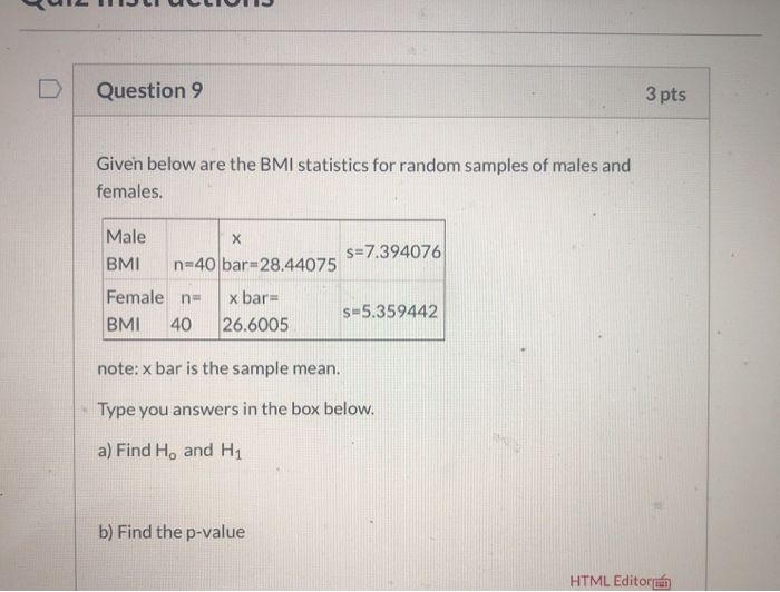 Solved Question 9 3 pts Given below are the BMI statistics | Chegg.com