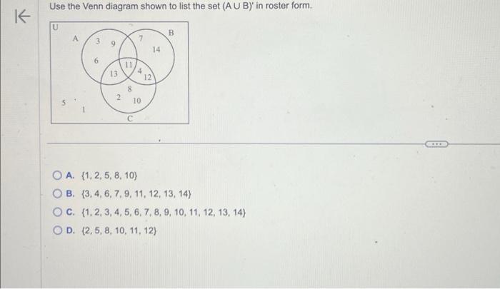 Solved Use the Venn diagram shown to list the set (A∪B)′ in | Chegg.com