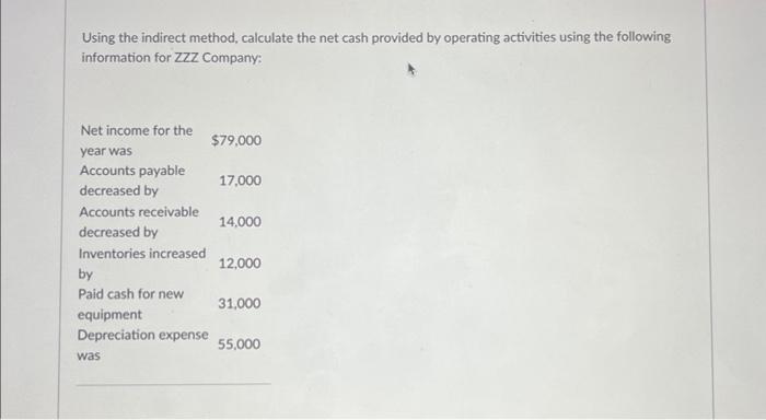Solved Using the indirect method, calculate the net cash | Chegg.com