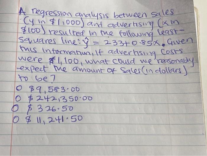 Solved A regression analysis between sales (y in $1,000) and | Chegg.com