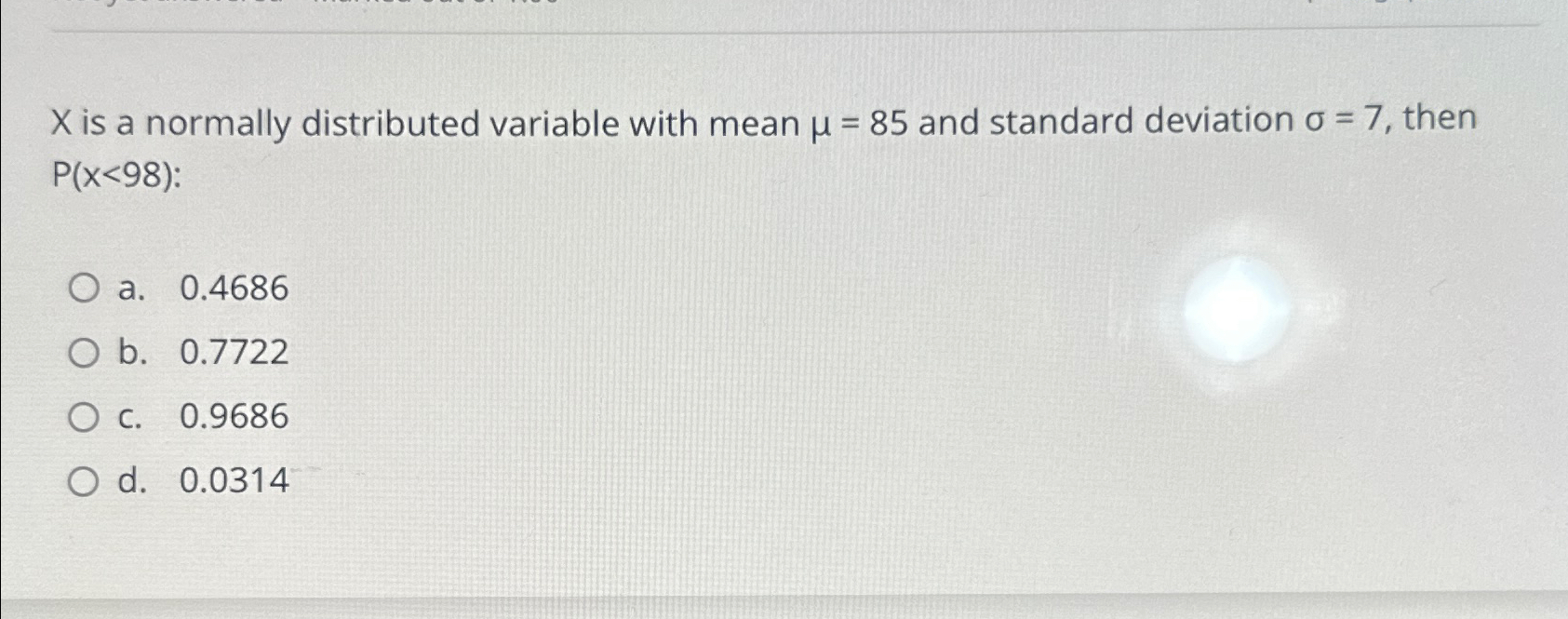 Solved x ﻿is a normally distributed variable with mean μ=85 | Chegg.com