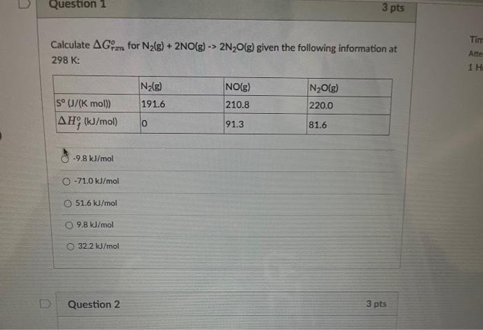 Solved Calculate ΔGrm∘ for N2( g)+2NO(g)⇒2 N2O(g) given the | Chegg.com