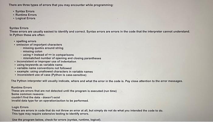 Solved There are three types of errors that you may | Chegg.com