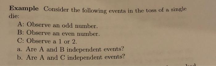 Solved Example Consider the following events in the toss of | Chegg.com