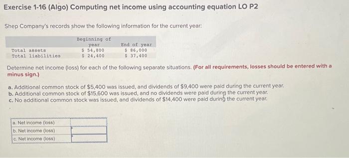 Solved Exercise 1-16 (Algo) Computing net income using | Chegg.com