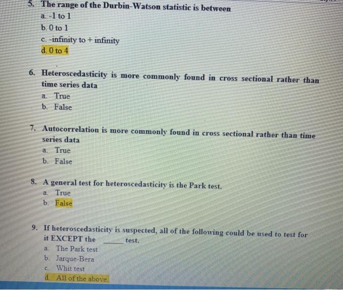 Solved 5. The range of the Durbin-Watson statistic is | Chegg.com