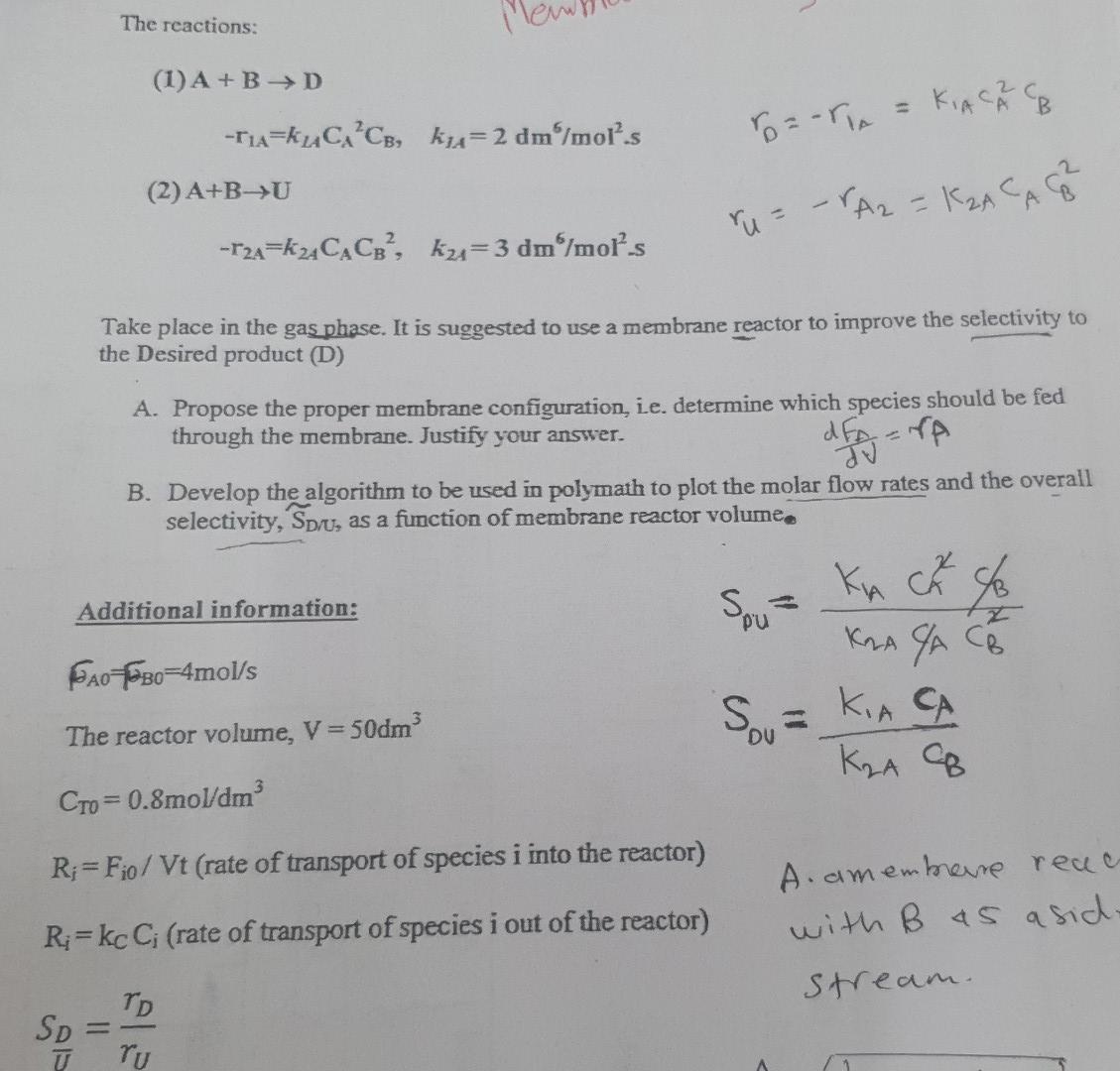 The reactions: KIA CAB rona (1) A+B → D -T1A=k4CACB, | Chegg.com