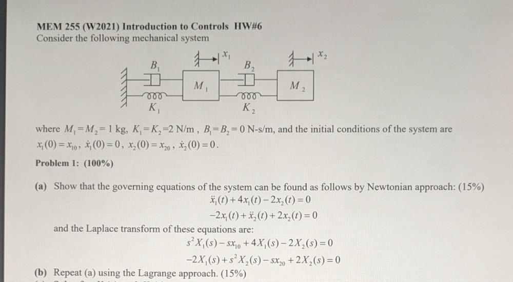 Solved MEM 255 (W2021) Introduction to Controls HW#6 | Chegg.com