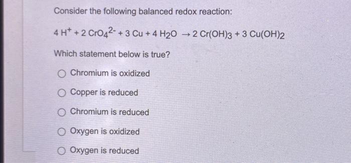 Solved Consider the following balanced redox reaction: | Chegg.com