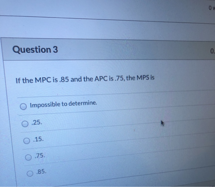 Solved OV Question 3 If the MPC is.85 and the APC is .75, | Chegg.com