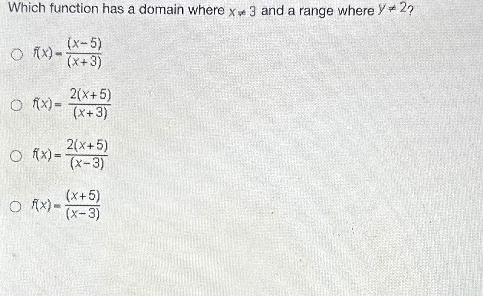 Solved Which function has a domain where x≠3 ﻿and a range | Chegg.com