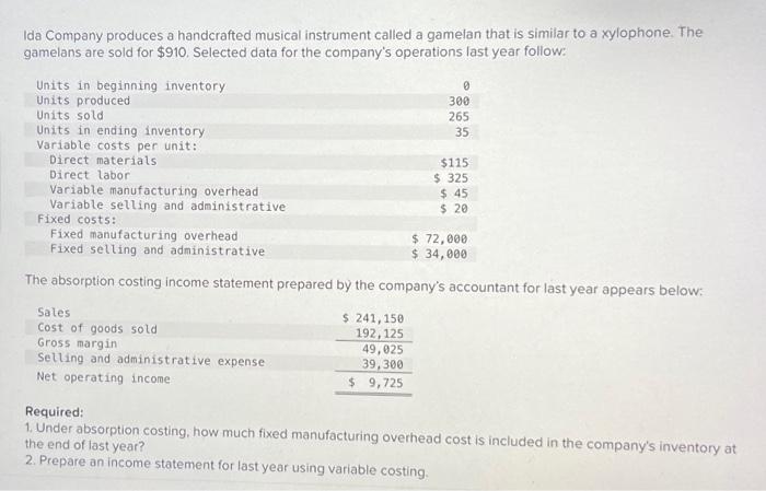 Solved Ida Company produces a handcrafted musical instrument | Chegg.com