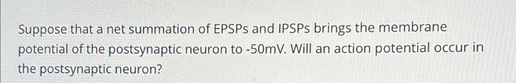 Solved Suppose that a net summation of EPSPS and IPSPs | Chegg.com Solved Suppose that a net summation of EPSPS and IPSPs | Chegg.com