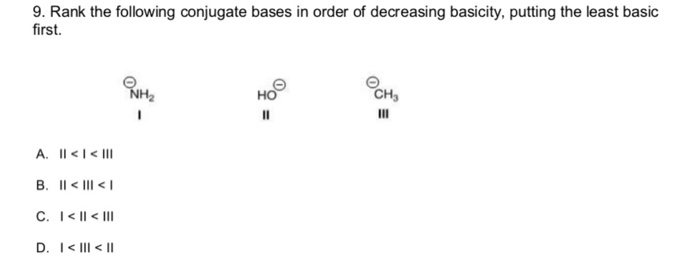 Solved 9. Rank the following conjugate bases in order of | Chegg.com