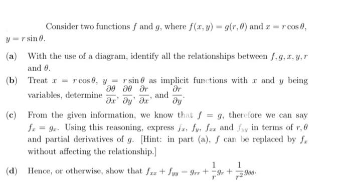 Solved Consider two functions f and g, where f(x,y)=g(r,θ) | Chegg.com Solved Consider two functions f and g, where f(x,y)=g(r,θ) | Chegg.com