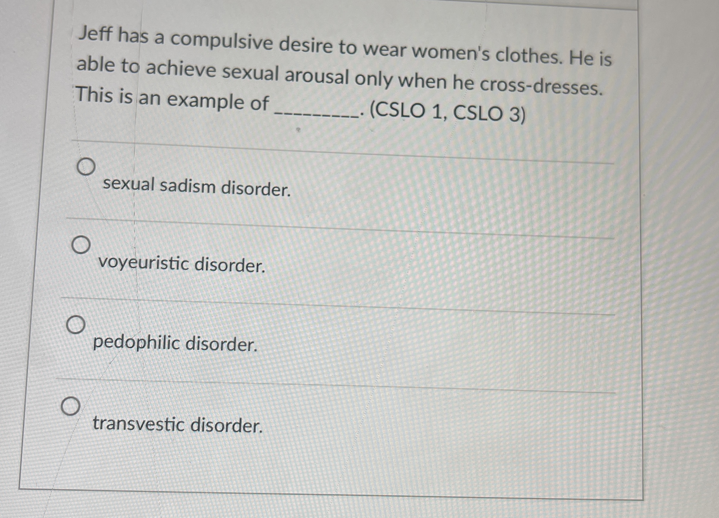 Solved Jeff has a compulsive desire to wear women's clothes. | Chegg.com