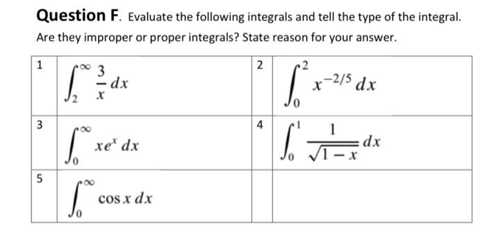 Solved Question F. Evaluate the following integrals and tell | Chegg.com