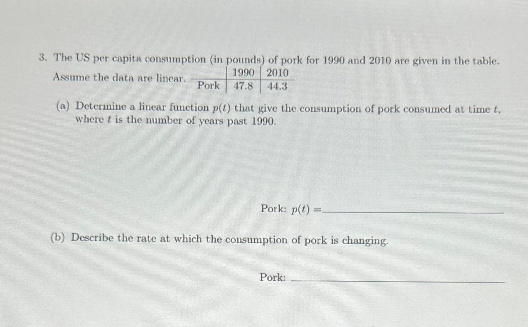 Solved The US per capita consumption (in pounds) ﻿of pork | Chegg.com