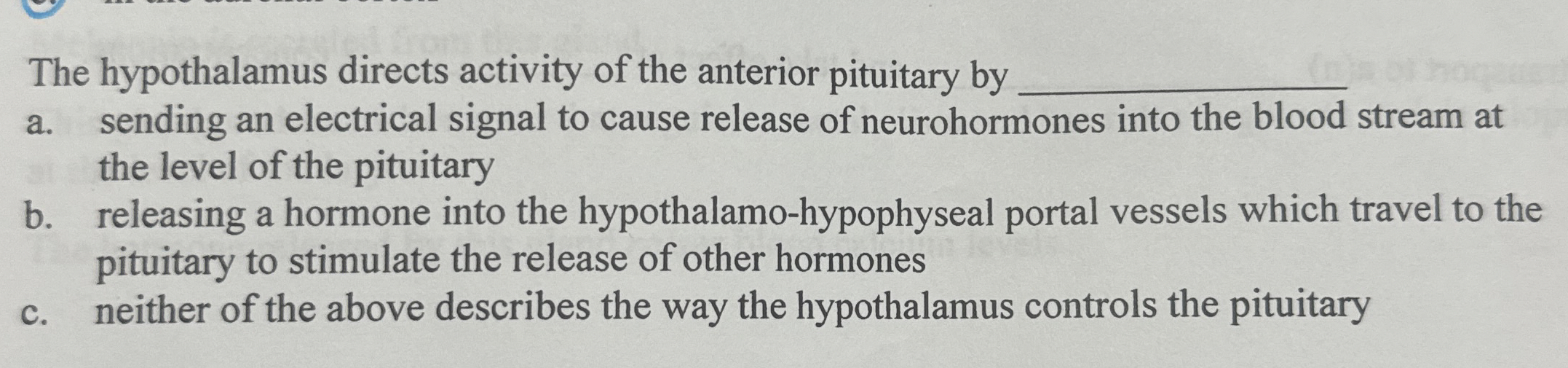 Solved The hypothalamus directs activity of the anterior | Chegg.com